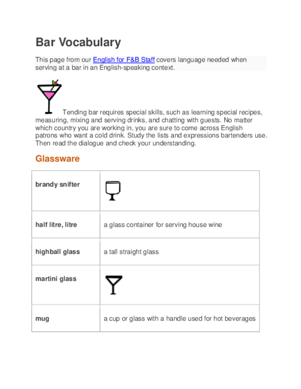 (DOC) Bar Vocabulary
