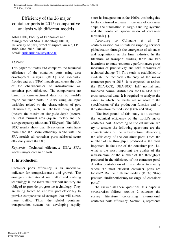 Pdf Efficiency Of The 26 Major Container Ports In 2015 Comparative Analysis With Different Models