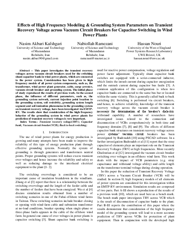 Pdf Effects Of High Frequency Modeling And Grounding System Parameters On Transient Recovery