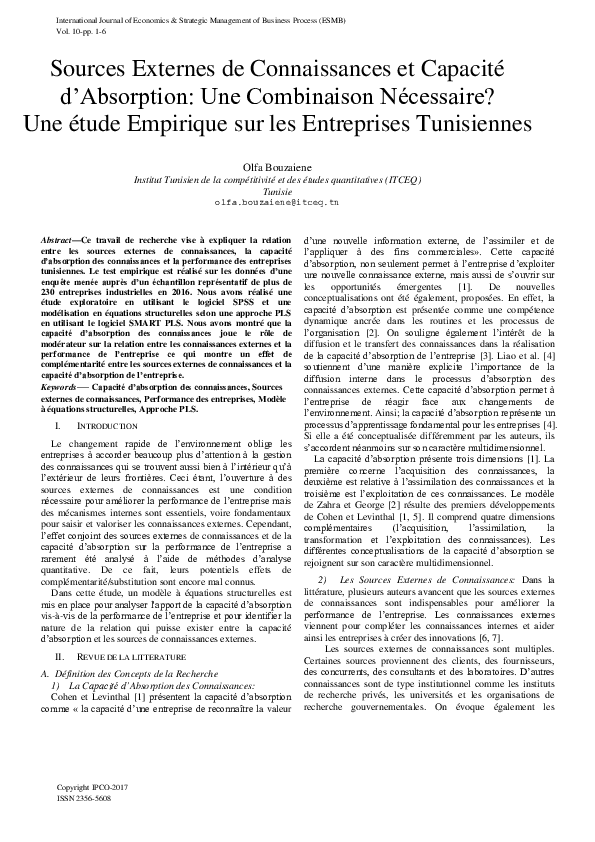 (PDF) Sources Externes de Connaissances et Capacité d'Absorption: Une ...