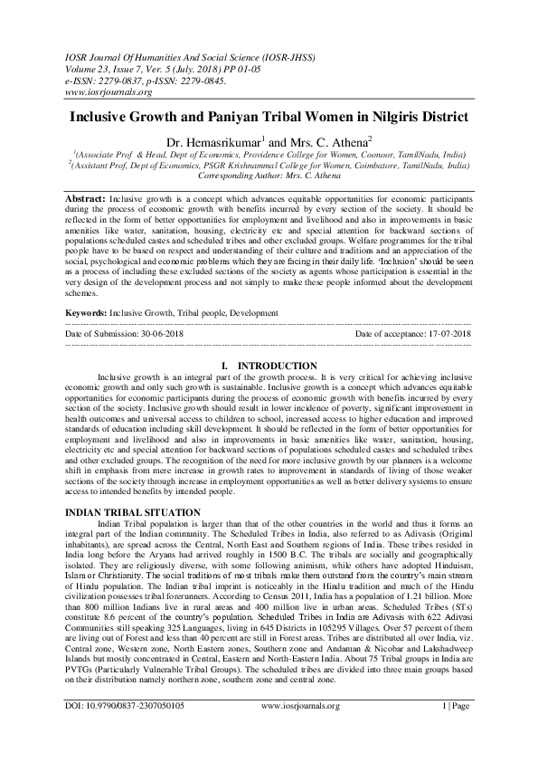 Pdf Inclusive Growth And Paniyan Tribal Women In Nilgiris District