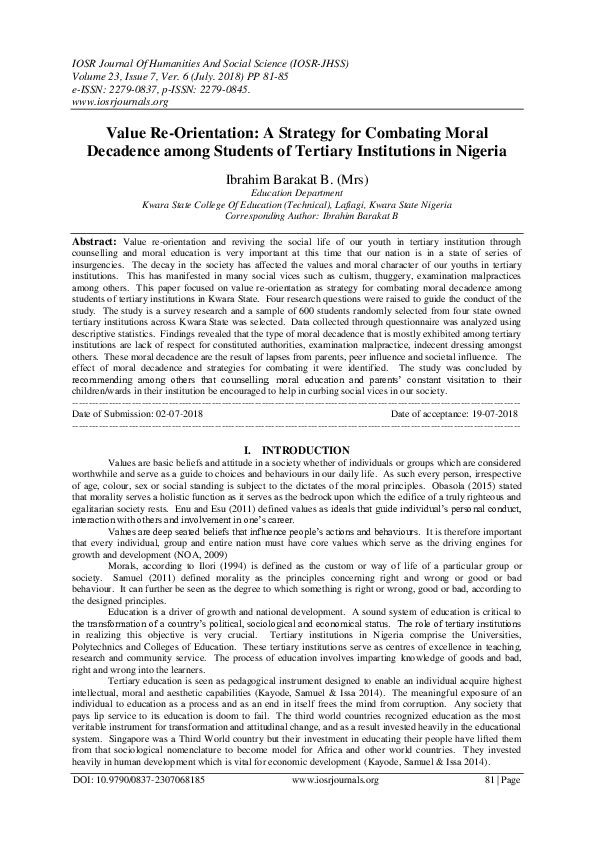 (PDF) Value Re-Orientation: A Strategy for Combating Moral Decadence ...