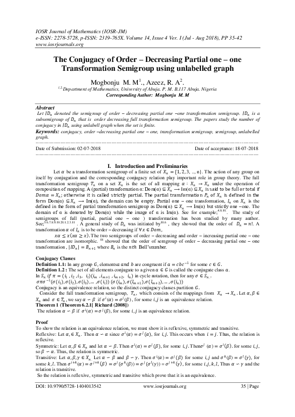 Pdf The Conjugacy Of Order Decreasing Partial One One Transformation Semigroup Using