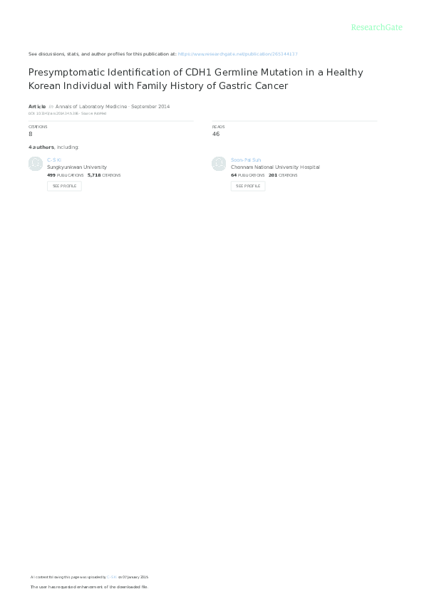 (PDF) Presymptomatic identification of CDH1 germline mutation in a healthy korean individual ...
