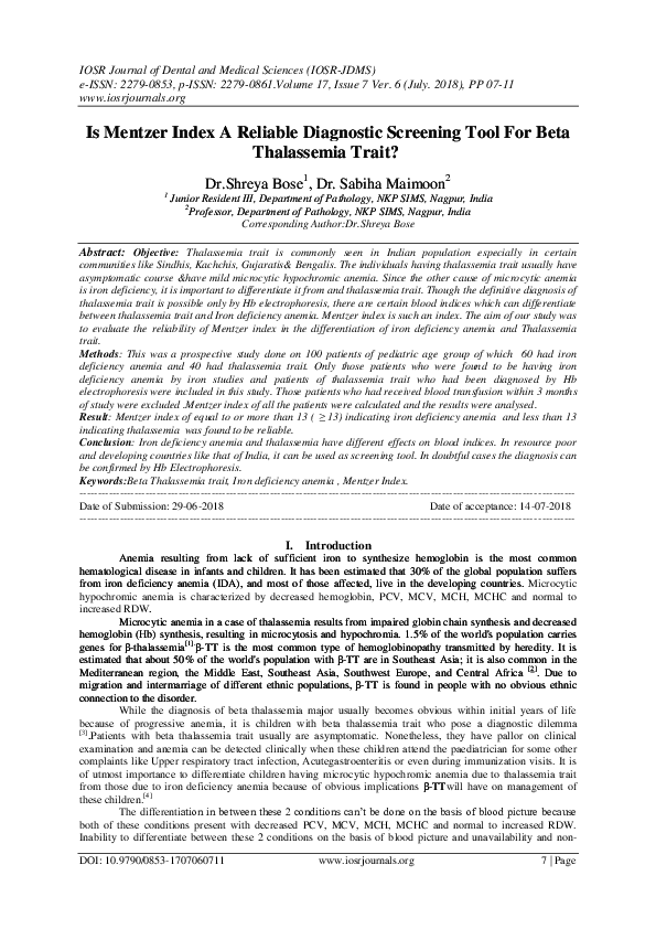 (PDF) Is Mentzer Index A Reliable Diagnostic Screening Tool For Beta ...