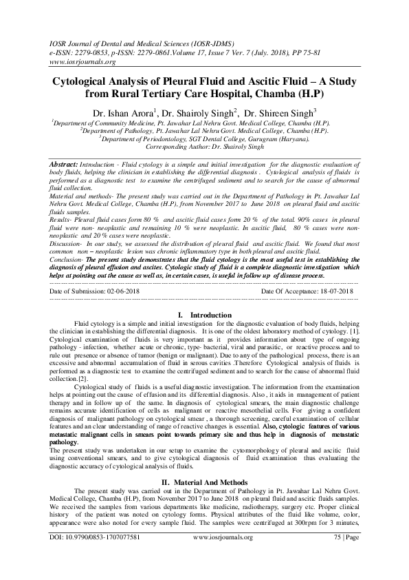 (PDF) Cytological Analysis of Pleural Fluid and Ascitic Fluid – A Study ...