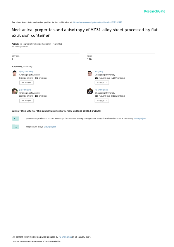 (PDF) Mechanical properties and anisotropy of AZ31 alloy sheet processed by flat extrusion container