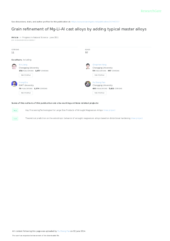 (PDF) Grain refinement of Mg-Li-Al cast alloys by adding typical master ...