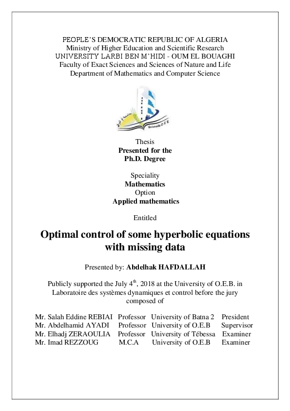 Pdf Optimal Control Of Some Hyperbolic Equations With Missing Data