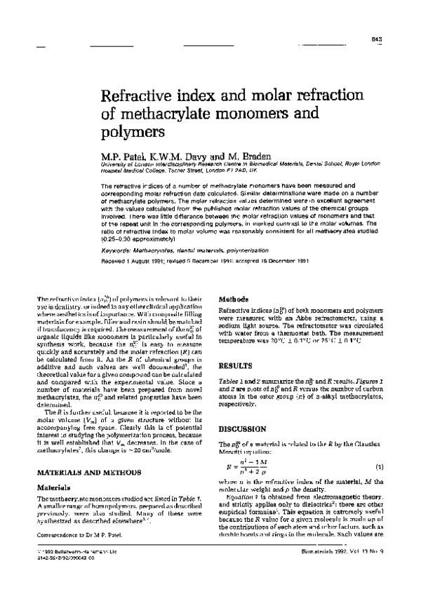 (PDF) Refractive index and molar refraction of methacrylate monomers ...