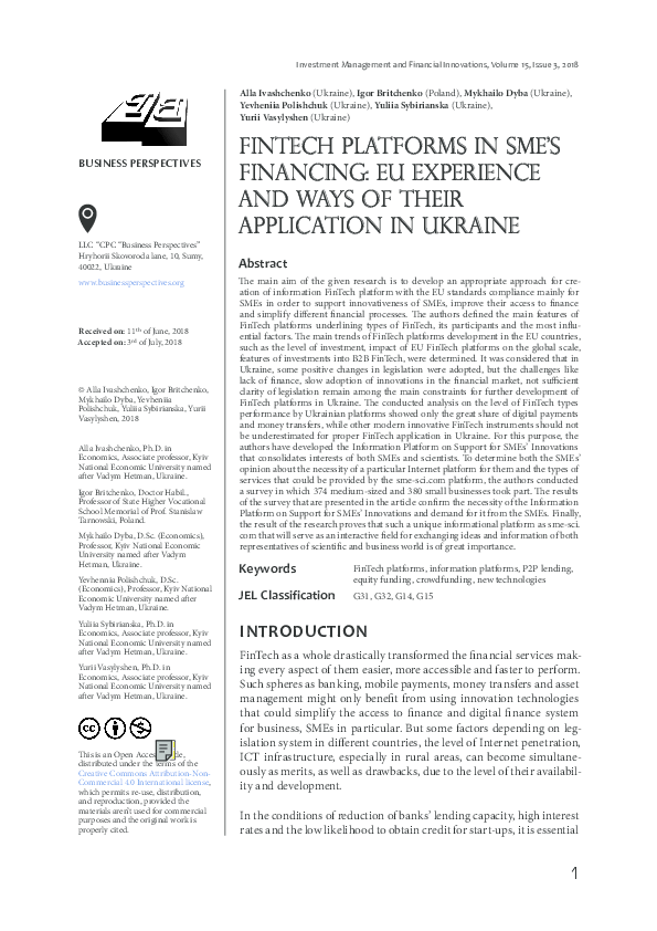 (PDF) Fintech platforms in SME’s financing: EU experience and ways of ...