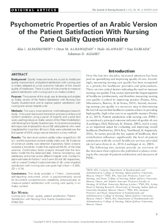 (PDF) Psychometric Properties of an Arabic Version of the Patient Satisfaction With Nursing Care ...