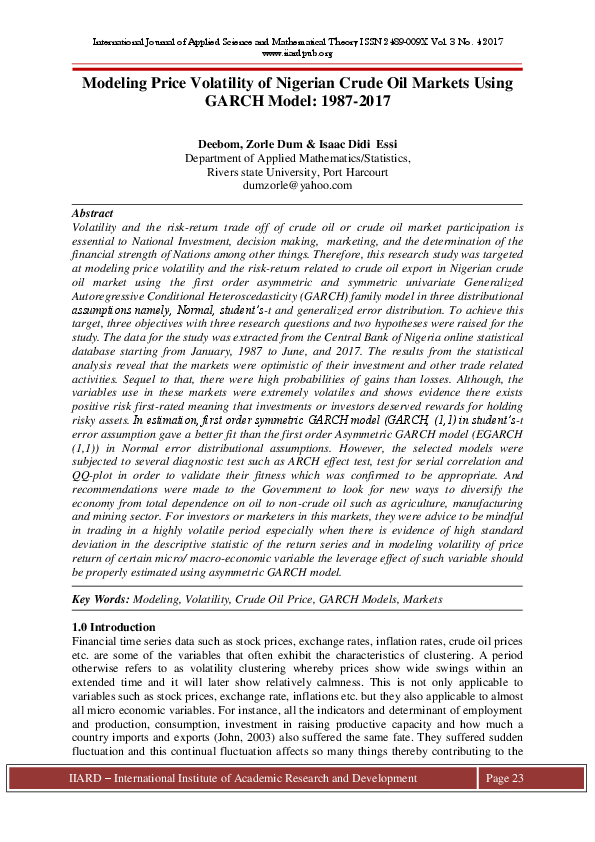(PDF) Modeling Price Volatility of Nigerian Crude Oil Markets Using GARCH Model: 1987-2017