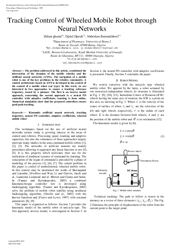 (PDF) Tracking Control of Wheeled Mobile Robot through Neural Networks