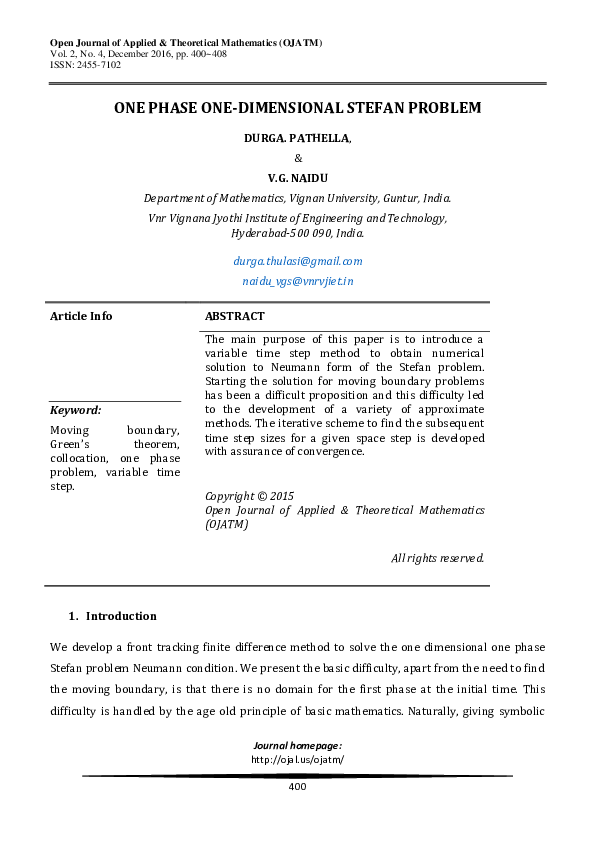 Pdf One Phase One Dimensional Stefan Problem 2552