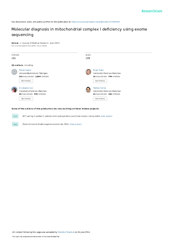 (PDF) Molecular diagnosis in mitochondrial complex I deficiency using ...