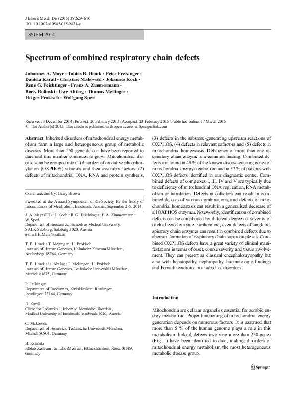 (PDF) Spectrum of combined respiratory chain defects