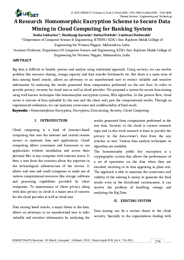(PDF) A Research Homomorphic Encryption Scheme to Secure Data Mining in Cloud Computing for ...