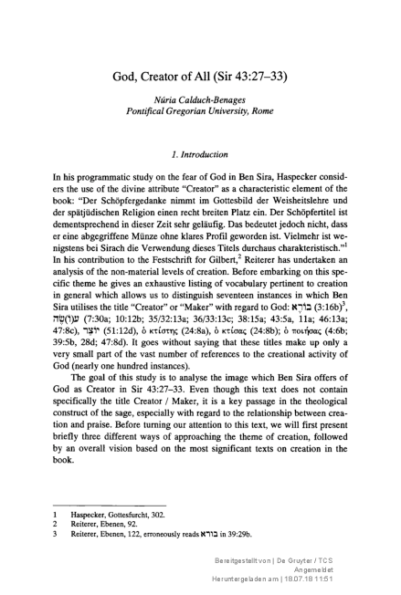 (PDF) «God Creator of All (Sir 43,27-33)», in Renate Egger-Wenzel (ed ...