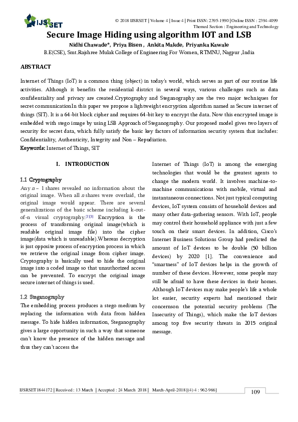Pdf Secure Image Hiding Using Algorithm Iot And Lsb International 0405