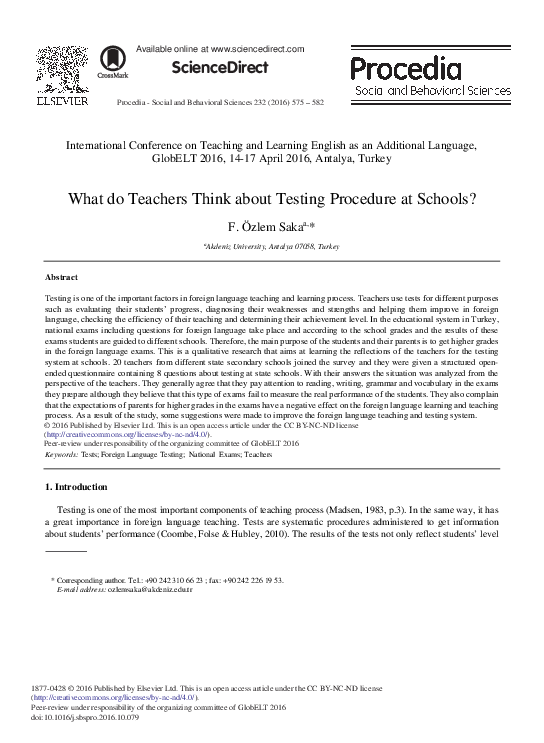 (PDF) What do Teachers Think about Testing Procedure at Schools