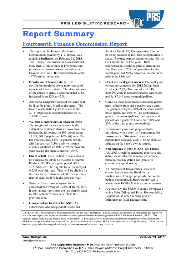 (PDF) Th Finance Commission - Report summary
