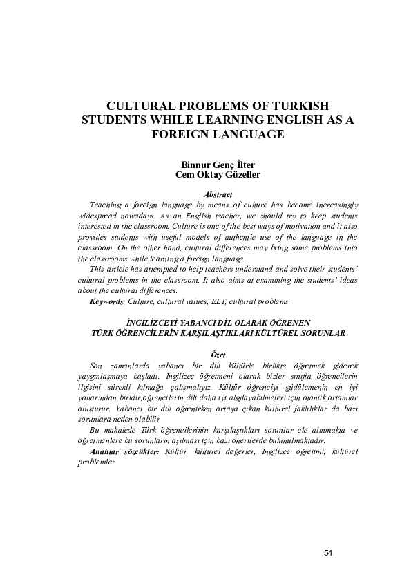 (PDF) CULTURAL PROBLEMS OF TURKISH STUDENTS WHILE LEARNING ENGLISH AS A ...