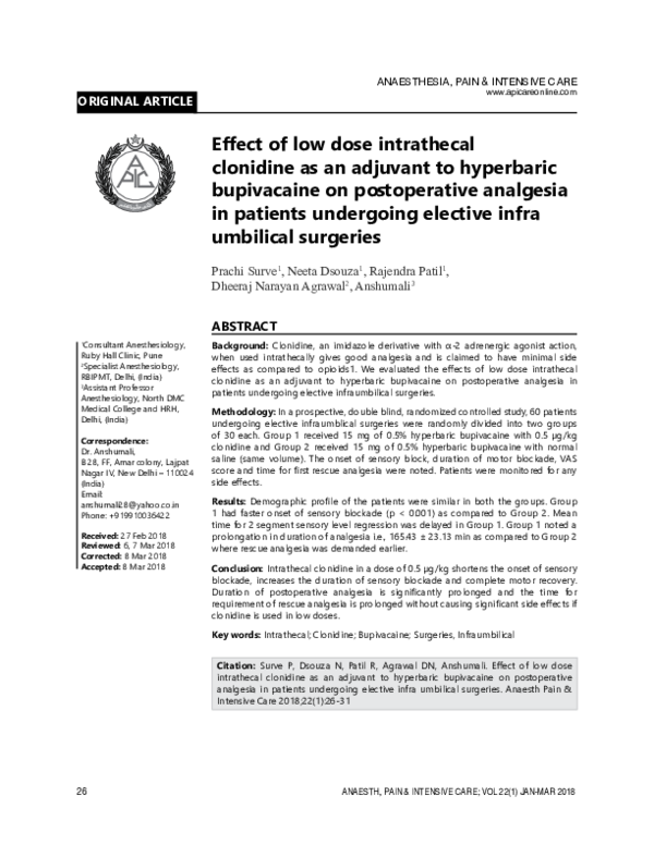 (PDF) Effect of low dose intrathecal clonidine as an adjuvant to ...