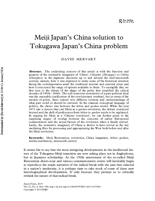 (PDF) ‘Meiji Japan’s China Solution to Tokugawa Japan’s China Problem ...