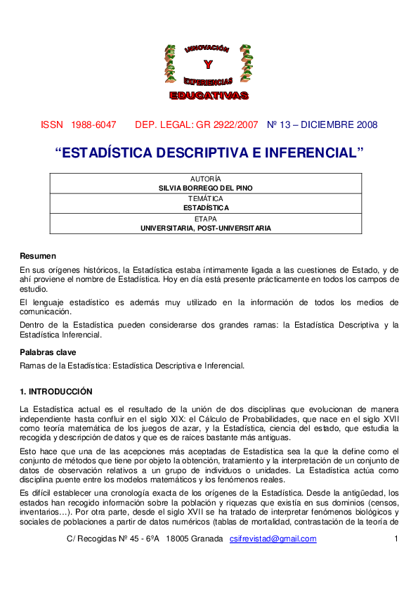 (PDF) " ESTADÍSTICA DESCRIPTIVA E INFERENCIAL