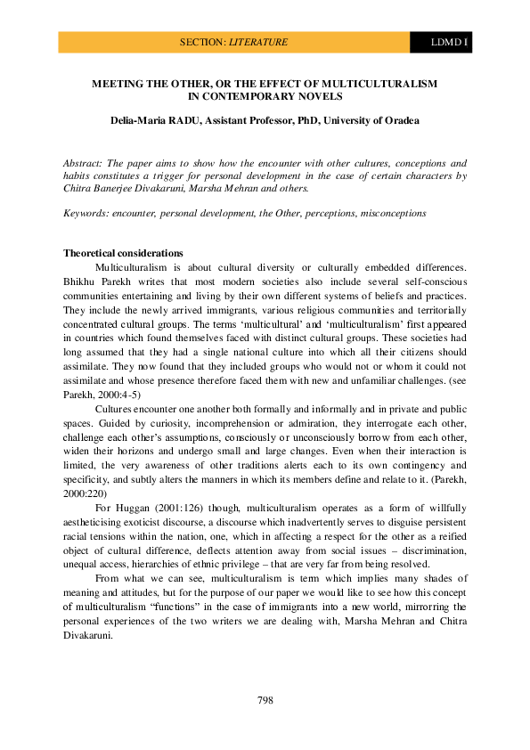 (PDF) Meeting the Other or the Effect of Multiculturalism in Contemporary Novels_LDMD_01_Delia ...