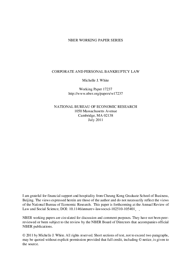 (PDF) NBER WORKING PAPER SERIES CORPORATE AND PERSONAL BANKRUPTCY LAW