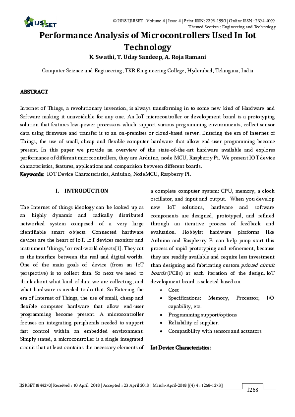 Pdf Performance Analysis Of Microcontrollers Used In Iot Technology