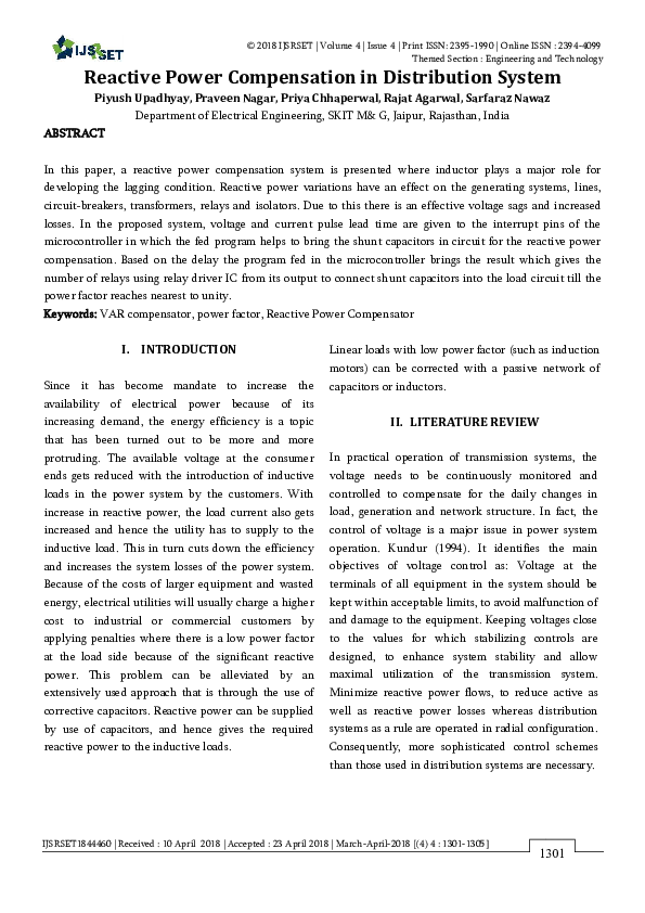 Pdf Reactive Power Compensation In Distribution System