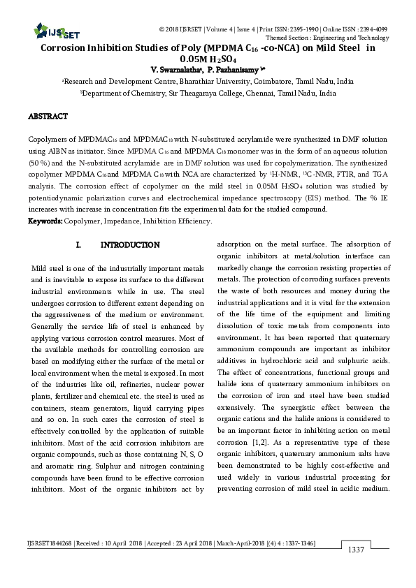 (PDF) Corrosion Inhibition Studies of Poly (MPDMA C16 -co-NCA) on Mild ...
