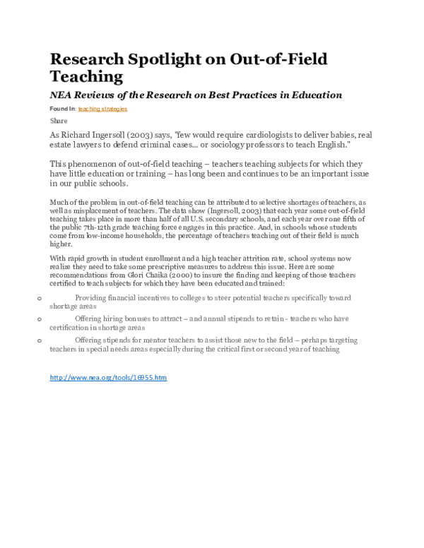 (DOC) Research Spotlight on Out-of-Field Teaching NEA Reviews of the ...