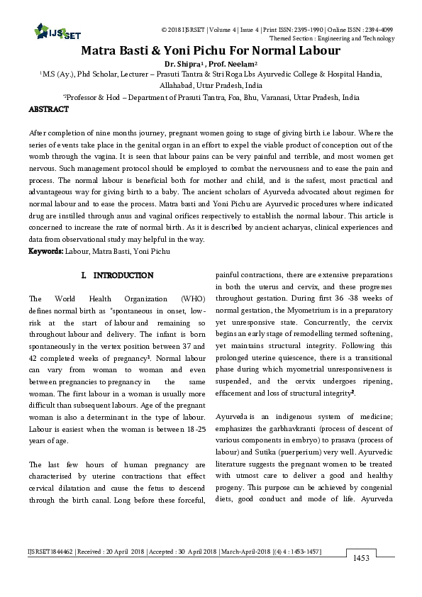 (PDF) Matra Basti & Yoni Pichu For Normal Labour
