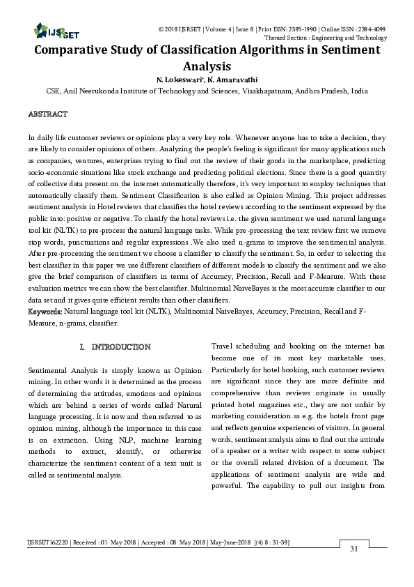(PDF) Comparative Study of Classification Algorithms in Sentiment Analysis