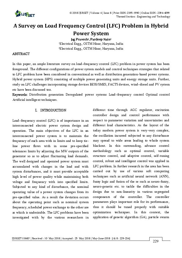 (PDF) A Survey on Load Frequency Control (LFC) Problem in Hybrid Power System