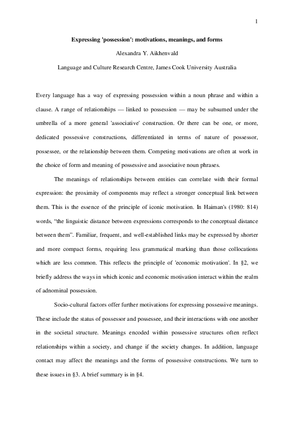 (PDF) Expressing 'possession': motivations, meanings, and forms