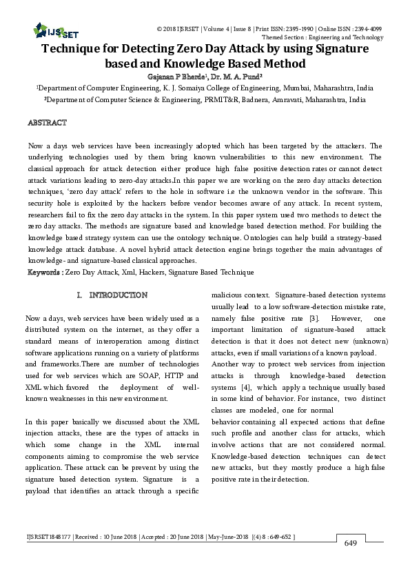 Pdf Technique For Detecting Zero Day Attack By Using Signature Based And Knowledge Based Method