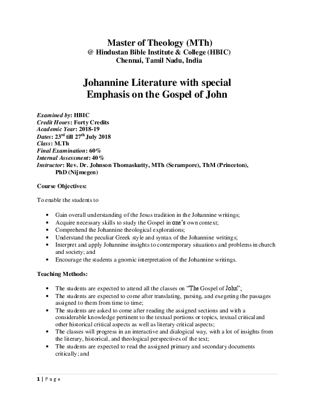 (PDF) Johannine Literature with special Emphasis on the Gospel of John