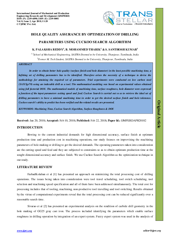 (PDF) HOLE QUALITY ASSURANCE BY OPTIMIZATION OF DRILLING PARAMETERS USING CUCKOO SEARCH ALGORITHM