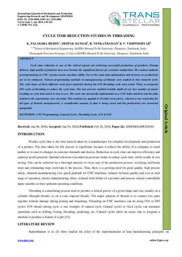 (PDF) CYCLE TIME REDUCTION STUDIES IN THREADING
