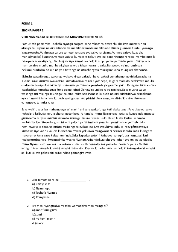 (DOC) FORM 1 SHONA PAPER 2 VERENGA NYAYA IYI UGOPINDURA MIBVUNZO INOTEVERA