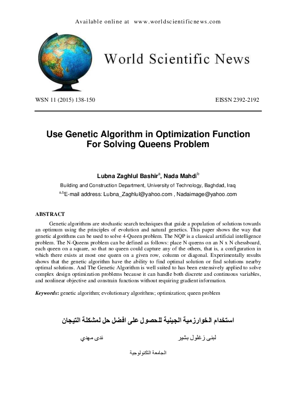 Pdf Use Genetic Algorithm In Optimization Function For Solving Queens Problem Lubna