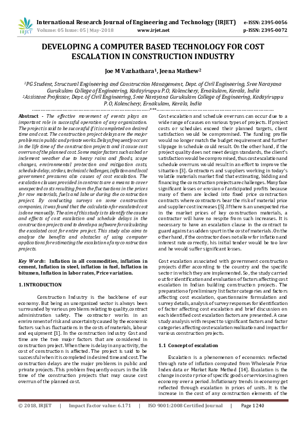 (PDF) IRJET- DEVELOPING A COMPUTER BASED TECHNOLOGY FOR COST ESCALATION ...