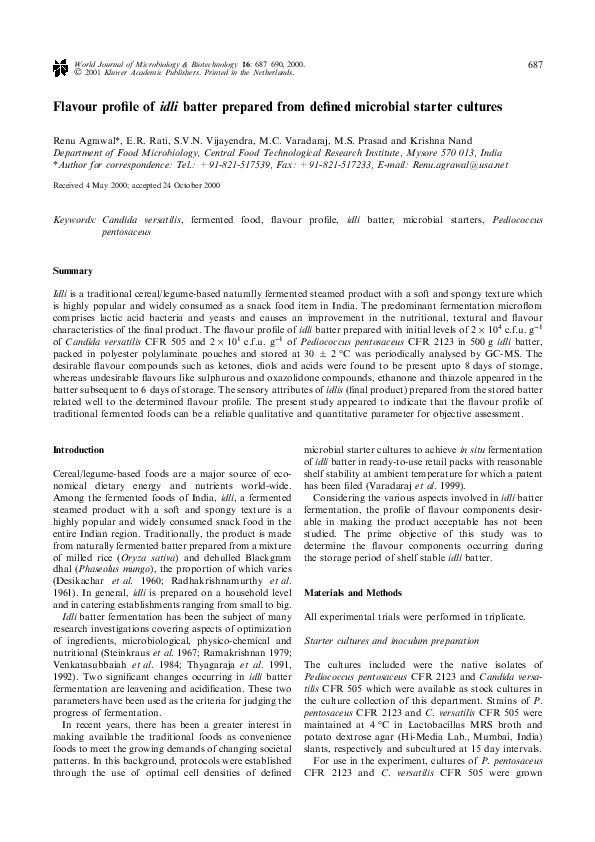 (PDF) Flavour profile of idli batter prepared from defined microbial ...