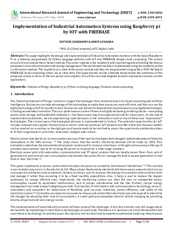 (PDF) IRJET-Implementation of Industrial Automation Systems using Raspberry PI by IoT With FIREBASE