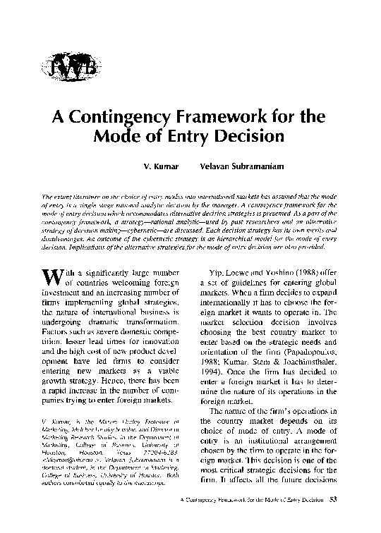 (PDF) A contingency framework for the mode of entry decision